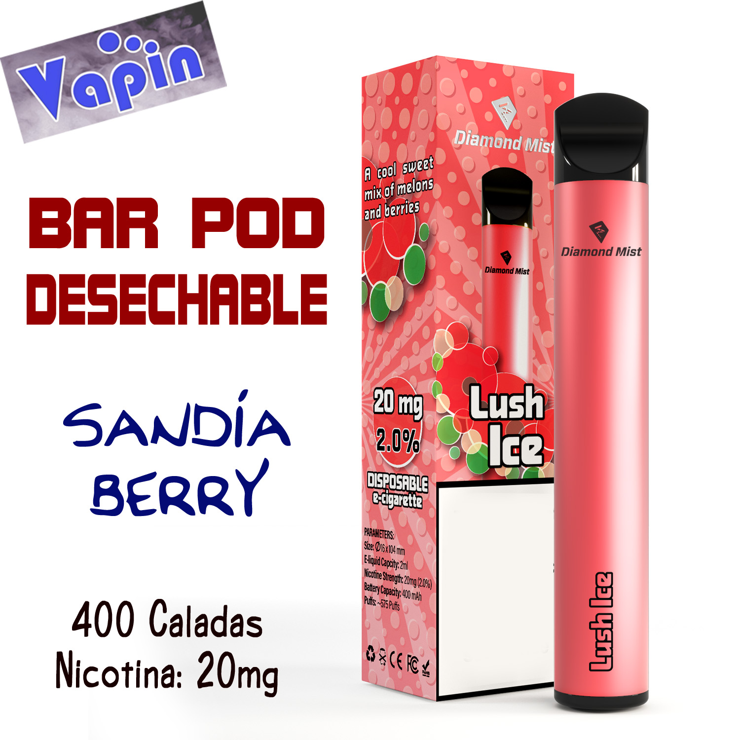 Bar pod desechable Lush Ice. Sabor sandía-berry Ice de Diamond Mist